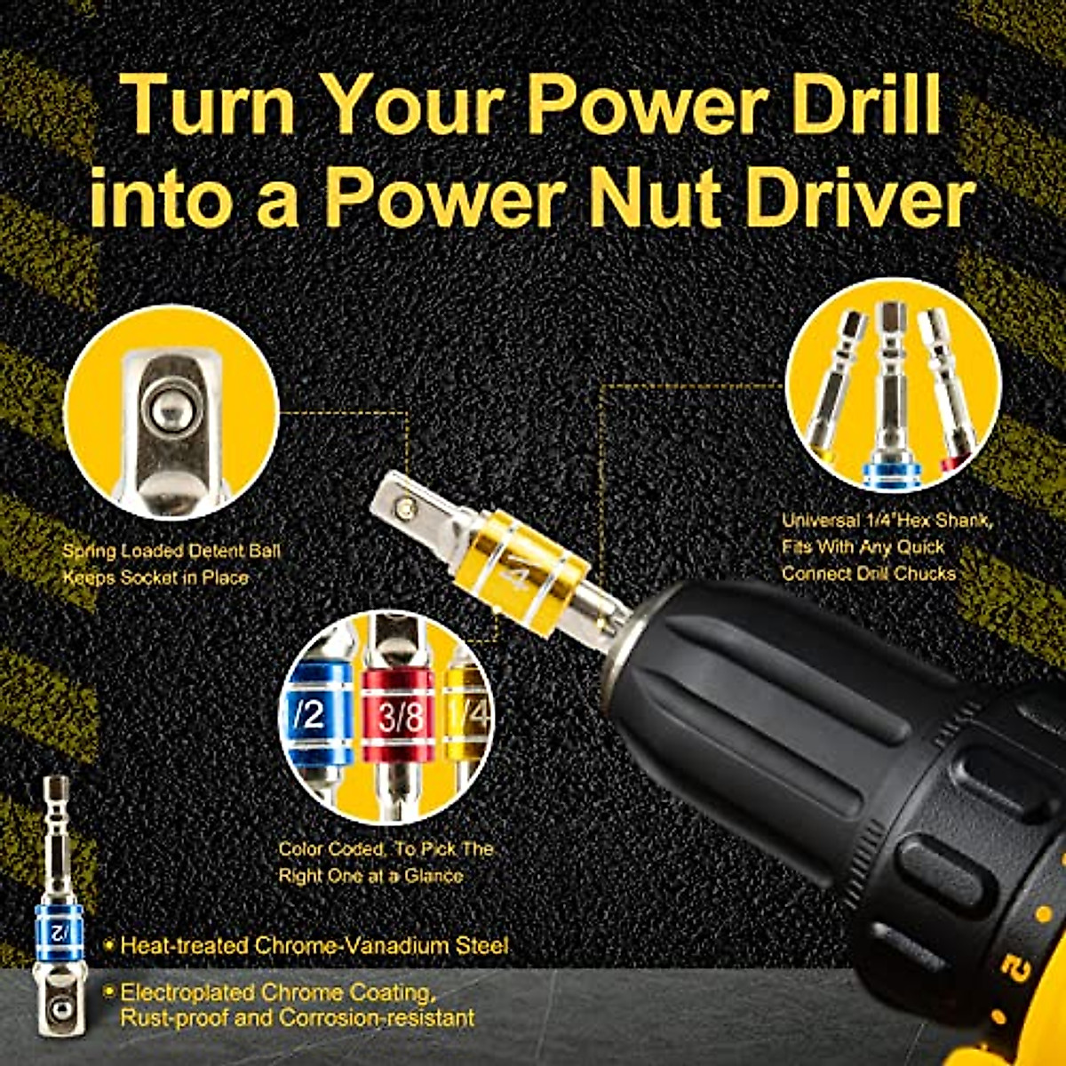 7-in-1 Impact Drill Bit Extension, 1/4" Magnetic Drill Bit Holder in Length of 3", 4", 6", Quick Change Socket Adapter of 1/4", 3/8", 1/2", Tricky Corner Saver 105 Degree Right Angle Drill Attachment