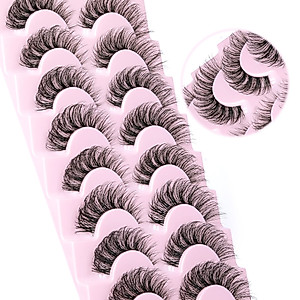 Natural lashes mink cat eye fluffy false lashes D curl Russian strip lashes extension clear band wispy curly fake eyelashes pack 8 pairs