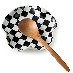 Miamolo Spoon Rest for Stove Top, 5.3in Checkered Spoon Holder Utensil Rest, Ceramic Spoon Rests for Coffee Bar, Kitchen Gadget Cooking Gift for Housewarming