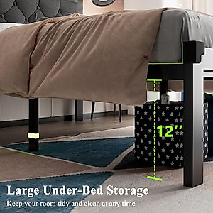 Feonase Twin Size Metal Bed Frame with Linen Upholstered Headboard, Heavy-Duty Platform Bed Frame with 12" Storage, Steel Slats Support, No Box Spring Needed, Gray