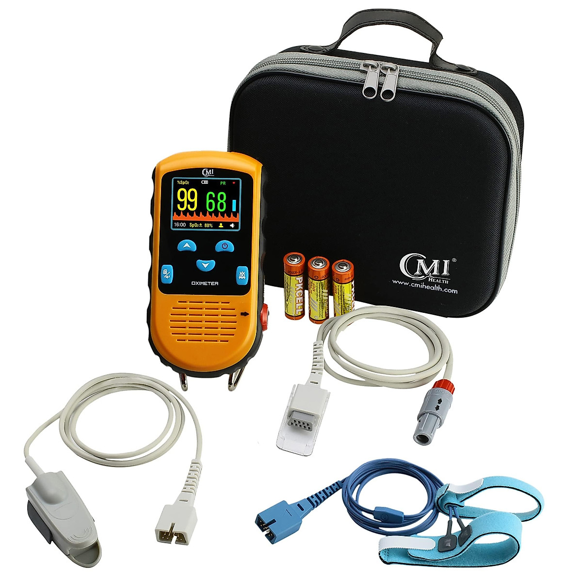 CMI Health Battery Operated Pulse Oximeter - Continuous Infant Monitoring (Up to 25 lbs) & Adult Finger Spot-Checking - Adjustable Alarm for Pulse Rate and SpO2 Levels - Carry Case