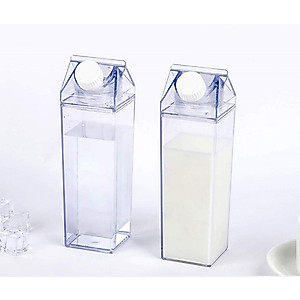 Milk Carton Water Bottle 17oz (500mL) Plastic Clear Square Milk Bottles No BPA Leakproof Water Bottle Portable Reusable Milk Carton Shaped Juice Bottle Perfect for Fitness Gym Camping Sports
