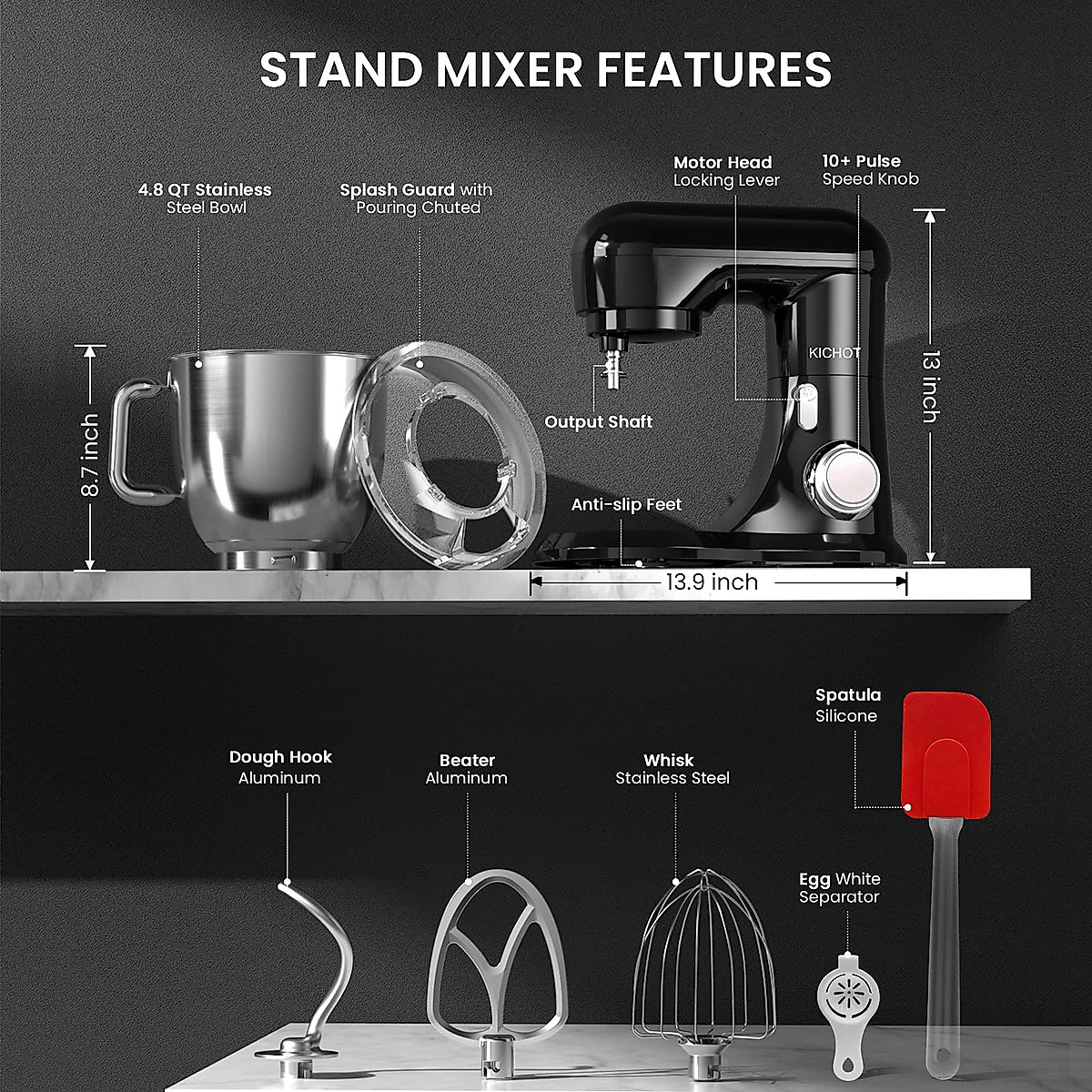 Stand Mixer, KICHOT 10+P Speed 4.8 Qt. Household Stand Mixers, Tilt-Head Dough Mxier with Dough Hook, Beater, Wire Whisk & Splash Guard Attachments for Baking, Cake, Cookie, Kneading, SM-1533