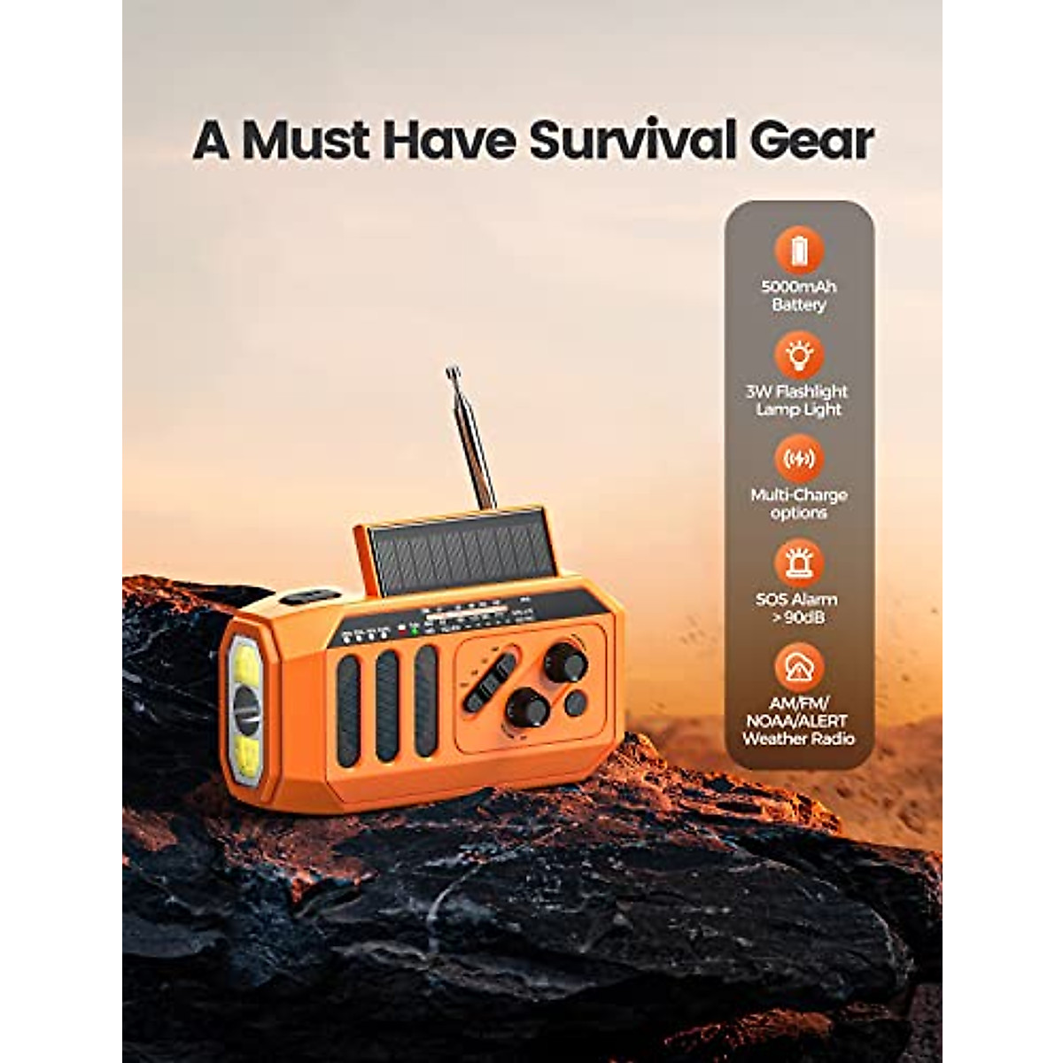 FORTECLEAR 5000mAh Hand Crank Solar Emergency Radio, 3W LED Flashlight/Reading Lamp Weather Radio, NOAA/AM/FM Portable Radio Indoor and Outdoor, SOS Alarm and Phone Charge, Survival Gear for Hurricane