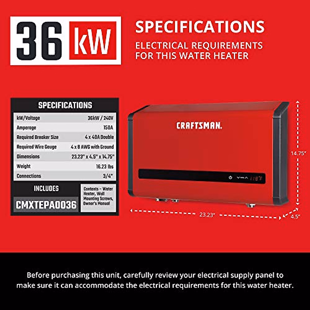 Craftsman CMXTEPA0036 36kW 240-Volt 7.3 GPM Electric Tankless Water Heater, Red