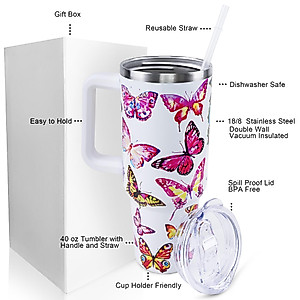 PERRIFIC Butterfly Tumbler 40 oz Tumbler with Handle and Straw Lid Leak Proof - Butterfly Coffee Travel Mug with Handle Insulated for Hot and Cold Drink Ice - Mothers Day Birthday Gifts for Women Cup