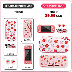RHOTALL Carrying Case for Nintendo Switch Lite, Cute Case Cover Accessories Bundle for Switch Lite with TPU Protective Shell, Adjustable Shoulder Strap, Screen Protector and 2 Thumb Caps - Strawberry