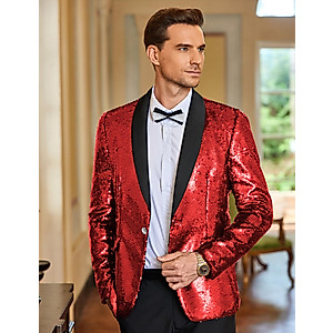 COOFANDY Shiny Sequins Suit Jacket Blazer One Button Tuxedo Christmas Nightclub Red