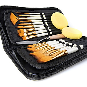 ARTIFY 15 Pieces Paint Brush Set, Intermediate Series, Includes Pop-Up Carrying Case with Palette Knife and 2 Sponges, for Acrylic, Oil, Watercolor and Gouache Painting - Pearl White