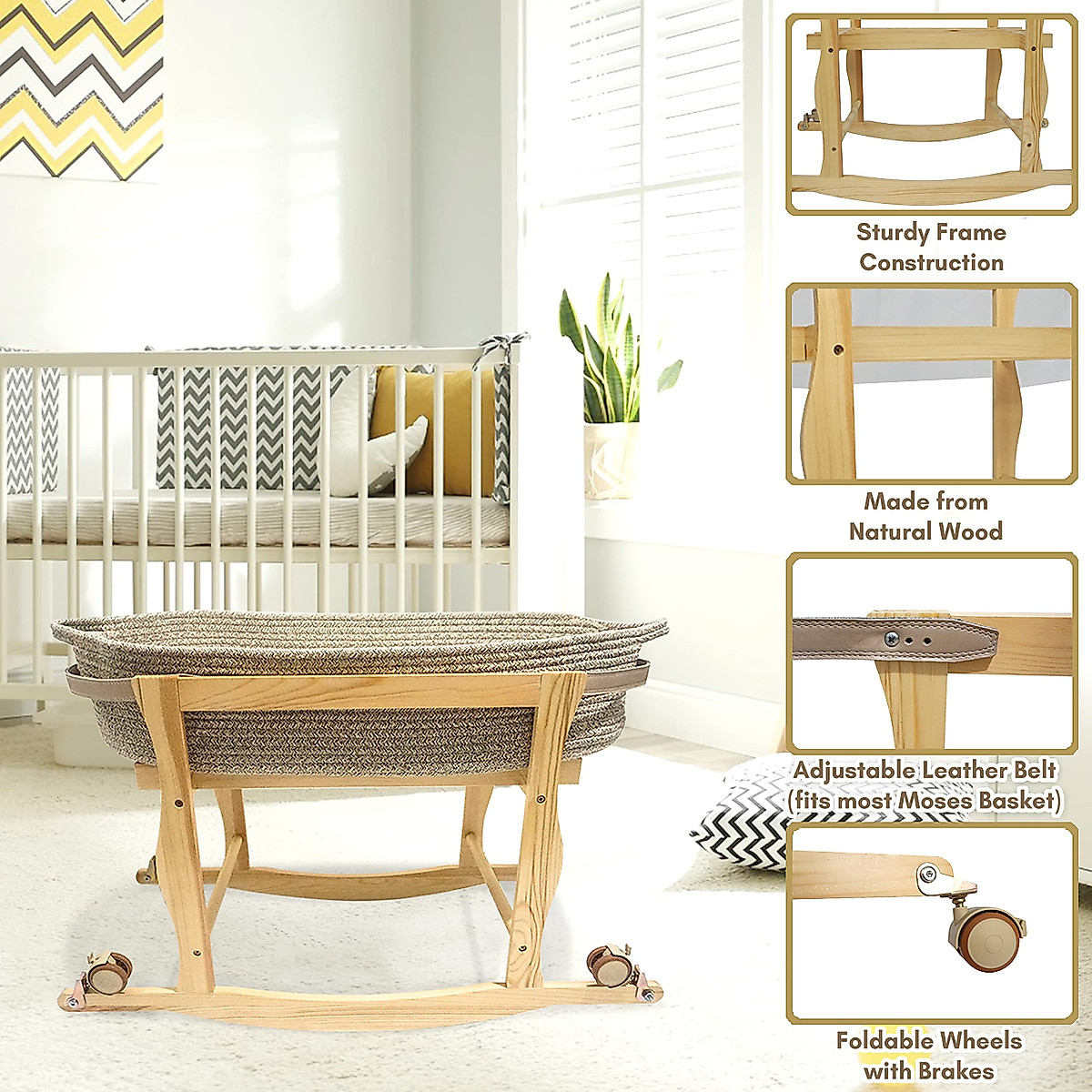 ECOADE Moses Basket Stand, Baby Moses Basket Rocker Stand - Natural Wood