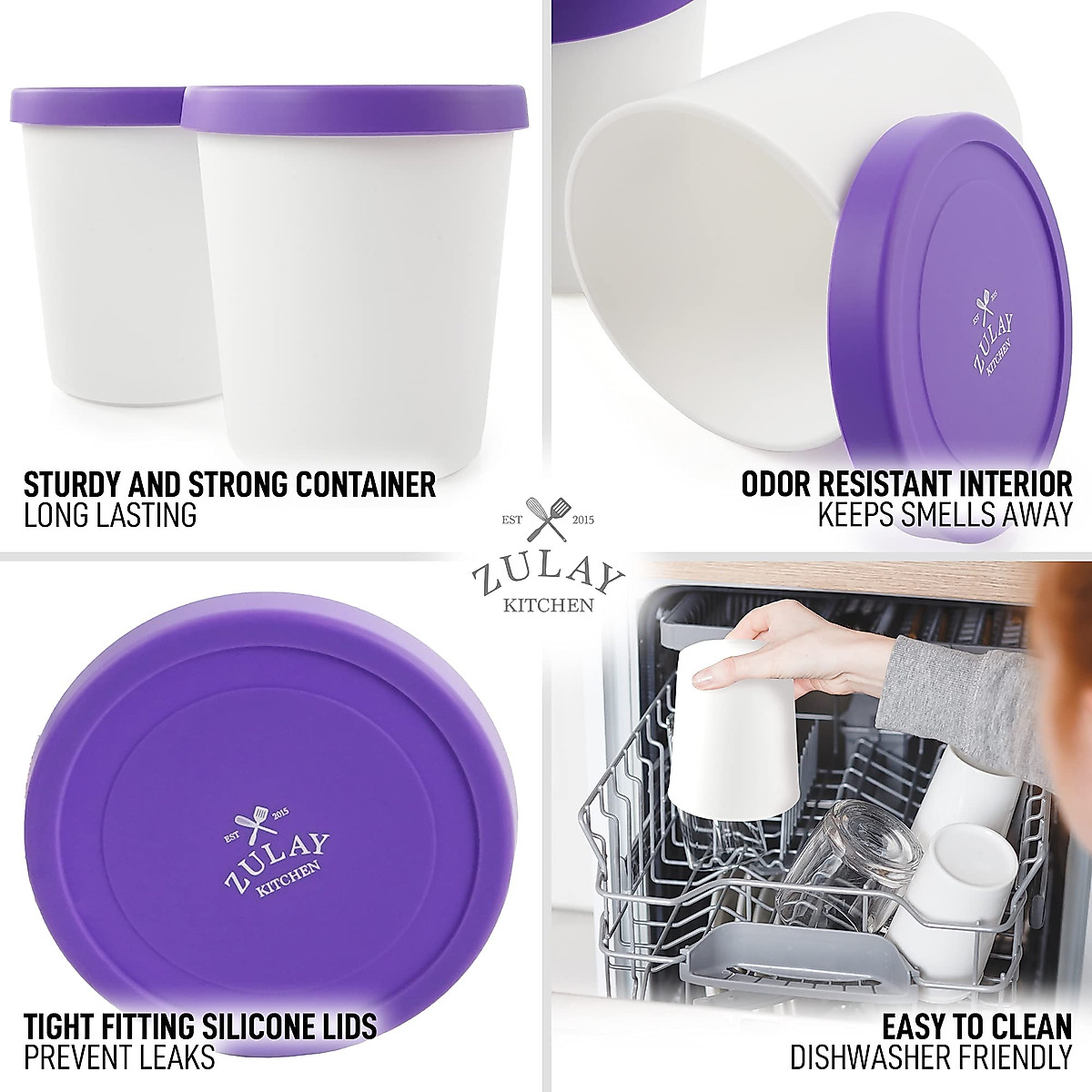 Zulay [2 Pack - 1 Quart Each] Large Ice Cream Containers For Homemade Ice Cream - Reusable Ice Cream Container Set with Lids - Ice Cream Pint Containers For Sorbet, Gelato, Frozen Yogurt (Purple)