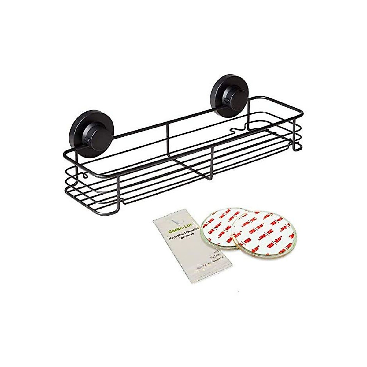 Gecko-Loc 🦎 Large Wide Suction Cup Lock Wall Mount Bathroom Shower Caddy - Wire Storage Basket Rack Organizer - Shampoo Bottle Holder (Black)