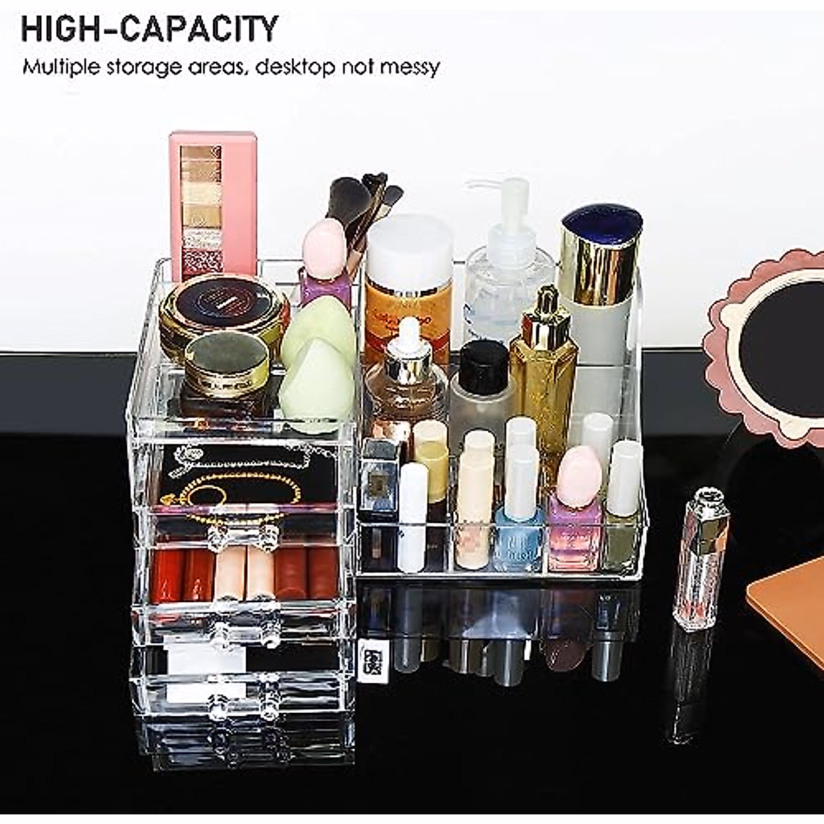 Simbuy Clear Makeup Organizer for Vanity, Large Desk Organizer with Drawers for Cosmetics, Lipsticks, Beauty Supplies, Nail Care, Skincare, Ideal for Dresser and Bathroom Countertops