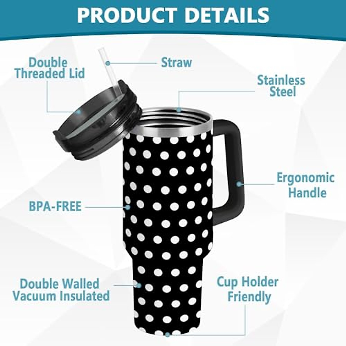 Flradish 40oz Tumbler with Handle, Polka Dots Black White Stainless Steel Tumbler with Lid and Straws Double Wall Vacuum Insulated Leakproof Coffee Travel Mug