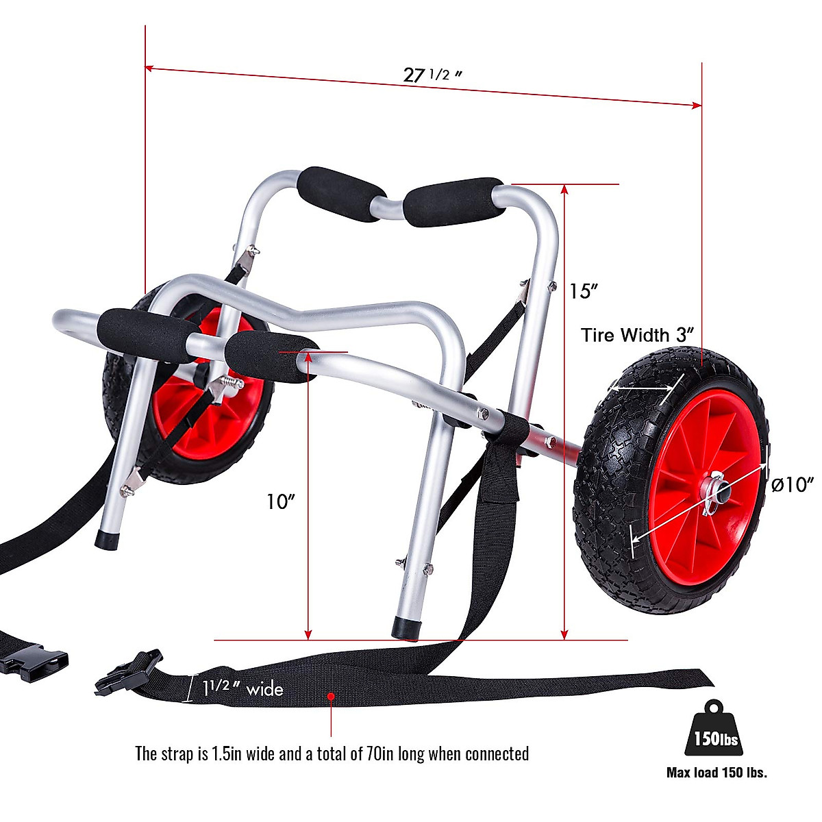 AA Products Kayak Canoe Carrier Cart Dolly Trailer Tote Solid Wheel Tires Hold up to 150 lb, Comes with Secure Buckle Straps