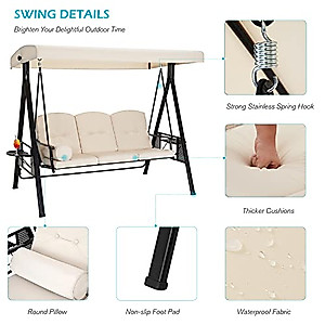 AECOJOY 3-Seat Porch Swing Chair, Patio Swing Chair with Stand and Removable Cushions, Outdoor Canopy Swing Chair for Outside, Backyard, Garden(Beige Cushion&Steel Frame)
