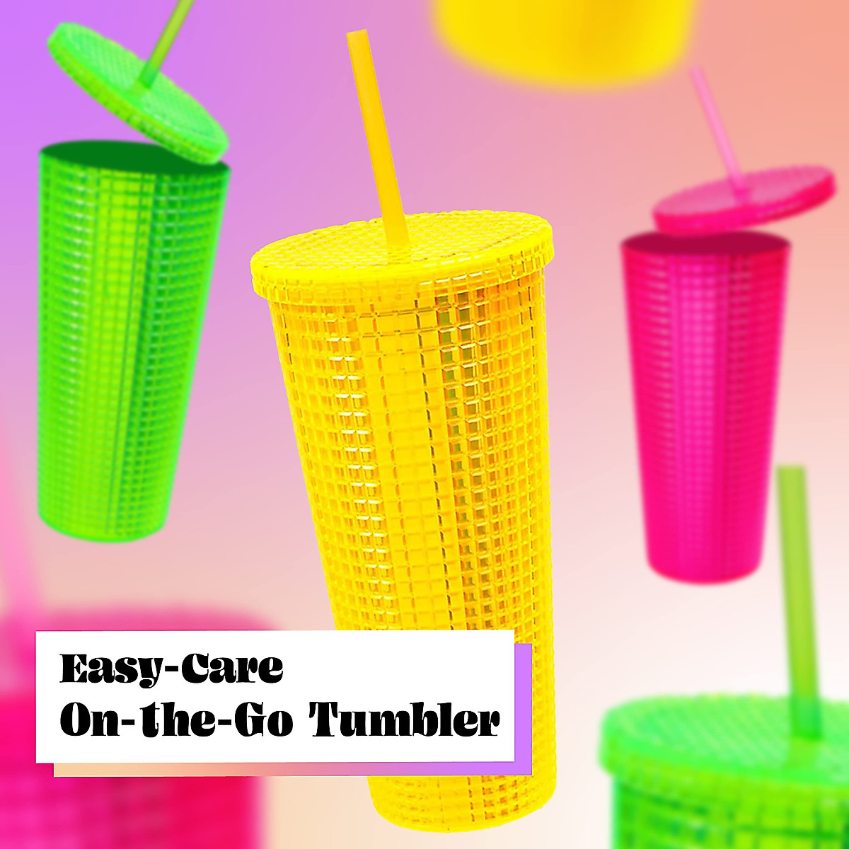 WEST & FIFTH Grid Plastic Cold-Cup Tumbler with Straw, Iridescent Semi-Transparent Square-Textured Cup, BPA-Free Double-Wall Cup for Iced Coffee, Cold Drinks, or Water, 24oz., Neon Green