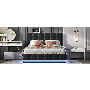Gustonhon Queen Size Lift Up Storage Bed/Faux Leather Headboard with Storage and LED Lights and USB Charger,Hydraulic Storage System for Kids Teens and Adults, No Box Spring Needed(Black, Queen)
