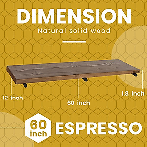 TEN49 Industrial Rustic Wood Wall Shelf - 60" Espresso Real Wooden Shelf w/ 1.8" Extra Thickness - Modern Interior Decor Floating Shelving w/ Pipe Brackets - Farmhouse Style Bookshelf - Set of 1