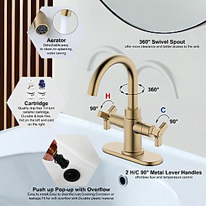 Derengge Brushed Gold Bathroom Faucet,Two-Handle Bathroom Sink Faucet Water Supply Line,Single Hole Lavatory Vantity Faucet,F-0081-CS