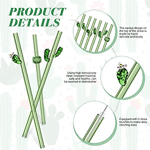 6 Pcs Reusable Glass Straws with Design, 8 mm x 7.9 Inches Cactus on Green Straws Straight Glass Cactus Straws with Cleaning Brush for Smoothie Cocktail Juice Shakes Beverages