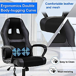 Gaming Chair Swivel Office Chair with Wheels Home Office Chair Ergonomic Computer Chair Desk Chair Rolling Executive Leather Task Chair Adjustable with Arms Mid-Back Stool for Back Problem (Black)