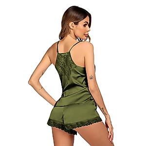 Ekouaer Sleepwear for Women Silk Pajamas Shorts Set Soft V Neck Satin Cami Tops Nightwear, Army Green Medium