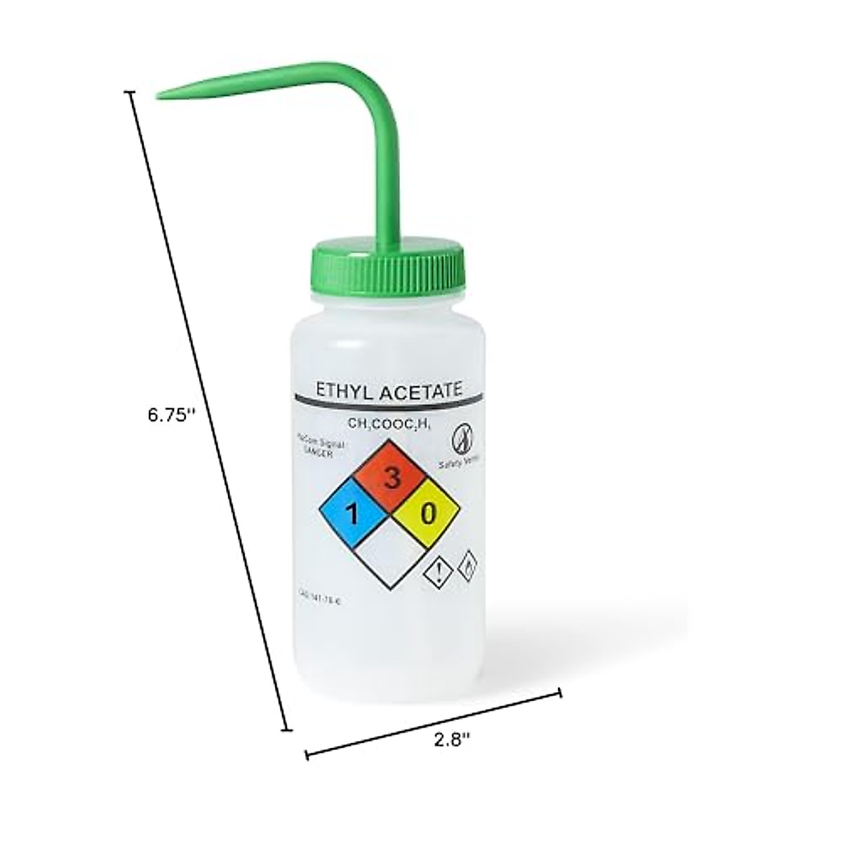 United Scientific™ UniSafe™ Laboratory Grade Wide Mouth LDPE Vented Chemical Wash Bottle, Ethyl Acetate, 500mL (16oz), 4-Color, Pack of 6