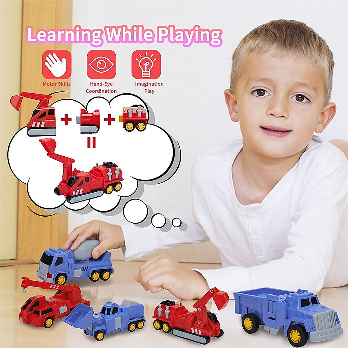 SAITI Toys for 3 4 5 6 Year Old Boys - Construction Transform Robot Toy Cars STEM Building Toys for Kids 5-in-1 Construction Assemble Vehicles Toys Pull-Back Cars Christmas Birthday Gift for Kids