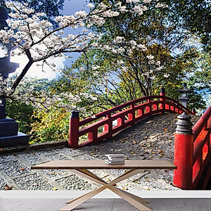 wall26 - Light Post Next to a Red Bridge on a Japanese Garden - Wall Mural, Removable Sticker, Home Decor - 100x144 inches