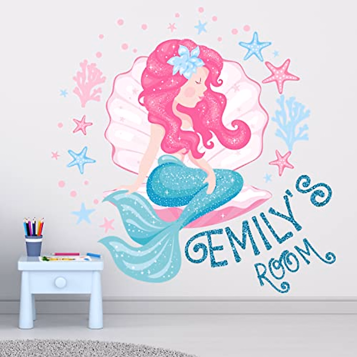 Kyle Cornhole Little Mermaid Wall Decal Decor for Girls Bedroom - Large Tail Stickers Room Custom Name Pink Art Nursery KA1697, Green,Pink