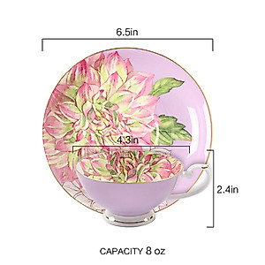 PULCHRITUDIE Fine Bone China Teacup and Saucer Set, English Teasets, Floral Design with Golden Rim, 8oz Cup, Set of Four
