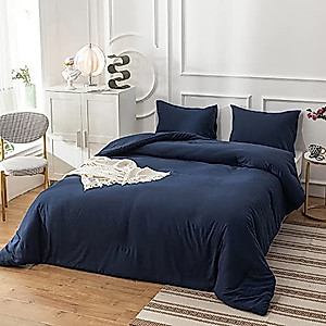 Cottonight Navy Blue Comforter Queen Set Dark Blue Bedding Comforter Set Full Solid Navy Blanket Quilts Men women Boys Cotton Breathable Soft Navy Blue Comforter with 2 Pillowcases