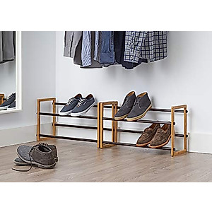 TRINITY BASICS 2-Tier Expandable Shoe Organizer with Bamboo Frame, Stackable Shoe Rack for Closet, Stores up to 16 Pairs of Shoes, Dark Bronze Finish, Expands from 24” to 44”, 2-Pack