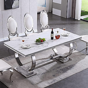 Maotifeys 70" White Marble Dining Table, Rectangle Marble Top, Silver U-Shape Stainless Steel Pedestal, Mid-Century Modern, 70" x 35" x 30"