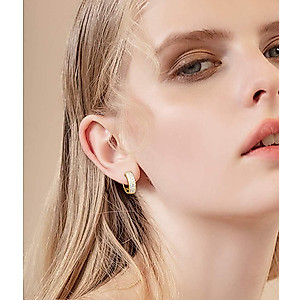 Carleen 925 Sterling Silver Hoop Earrings 14K Gold Plated Pave Set Cubic Zirconia CZ Simulated Diamond Small Thick Sparkle Fine Jewelry Birthday Gifts for Women, Diameter 15mm Width 5mm