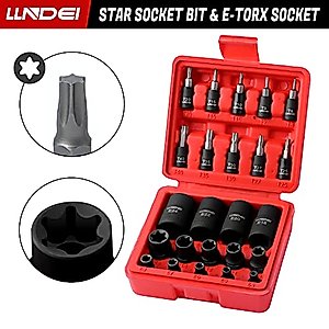 Torx Bit Socket and Female External Socket Set 24PCS, LLNDEI 10 Star Socket Bits (T8-T40)& 14 Female E-Torx Sockets (E4-E24) 1/4" 3/8" 1/2", CR-V, Star Drive Socket Kit with Mini Storage Box