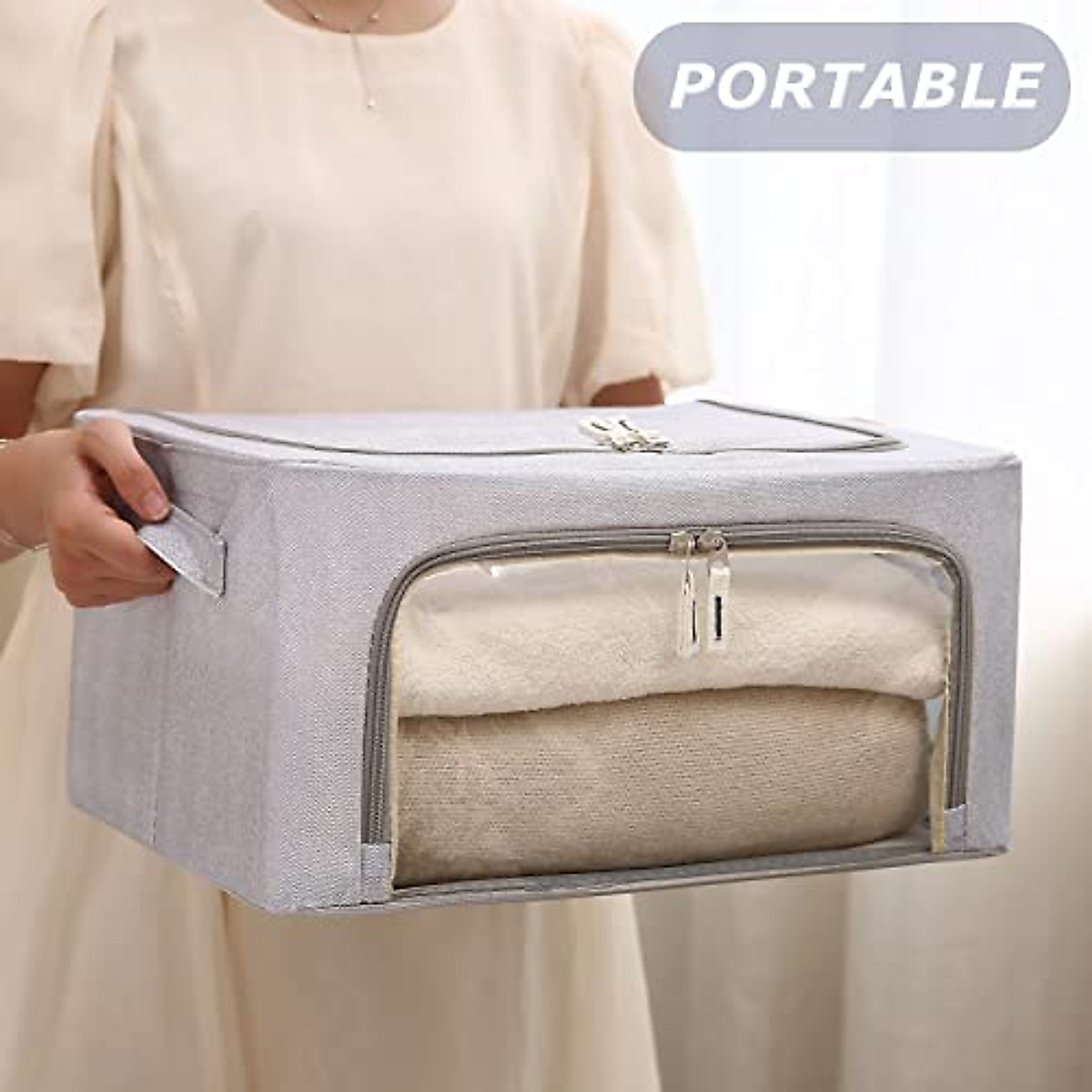 Foldable Clothes Storage Bins 2 Pack, Stackable Metal Frame Clothing Storage Box, Oxford Fabric Organizer Set with Clear Windows&Sturdy Carry Handles(22L,Light Grey)