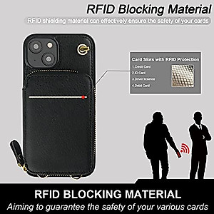 Bocasal Crossbody Wallet Case for iPhone 14, RFID Blocking Leather Purse Case with Card Holder, Protective Handbag Flip Cover with Zipper Wrist Strap Lanyard for Women 5G 6.1 Inch (Black)