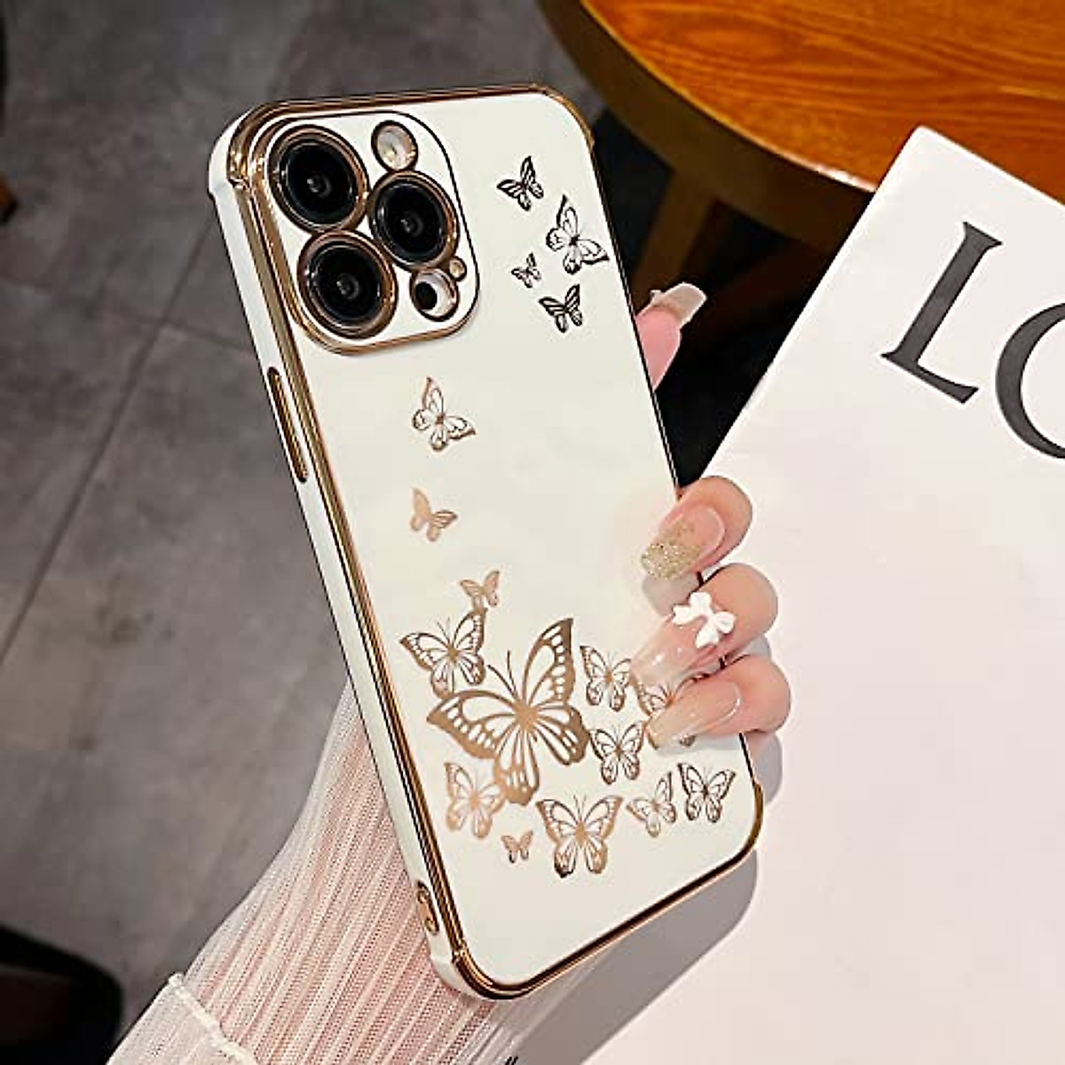 ZTOFERA iPhone 14 Pro Max Case, Electroplated Butterfly Gold Edge, Shockproof Slim TPU Bumper, 6.7" White