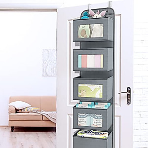 Fixwal Over the Door Hanging Closet Organizer Wall Mount Pantry Storage with 5 Large Pockets and Clear Window for Baby Nursery Bedroom Dorm Pantry Bathroom (Grey)
