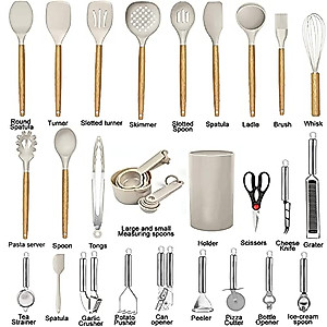 Kitchen Utensils Set- 35 PCs Cooking Utensils with Grater,Tongs, Spoon Spatula &Turner Made of Heat Resistant Food Grade Silicone and Wooden Handles Kitchen Gadgets Tools Set for Nonstick Cookware