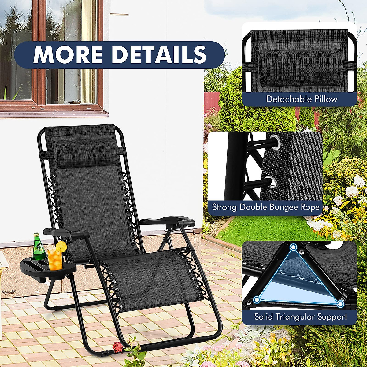 Giantex Zero Gravity Reclining Chair, Outdoor Patio Recliner with Cup Holder & Removable Pillow, Adjustable Backrest, Indoor Lounge Chair for Backyard, Garden, Poolside (Gray)