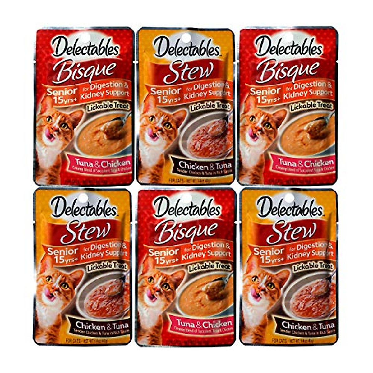 Delectables Stew Senior 15+ Chicken & Tuna Lickable Cat Treat Bisque Senior 15 Years+ Lickable Wet Cat Treats. Two Flavors, 3 Pouches of Each Flavor. Variety Pack 6 Count Total