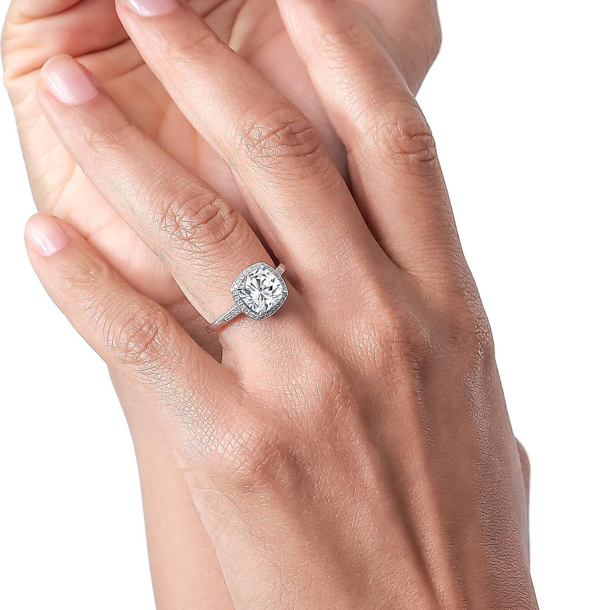 Gem Stone King 10K White Gold Cushion Cut 8MM Gemstone Birthstone and Accent Diamonds Halo Engagement Ring For Women | Wedding Anniversary Promise Ring For Women | Available In Size 5, 6, 7, 8, 9