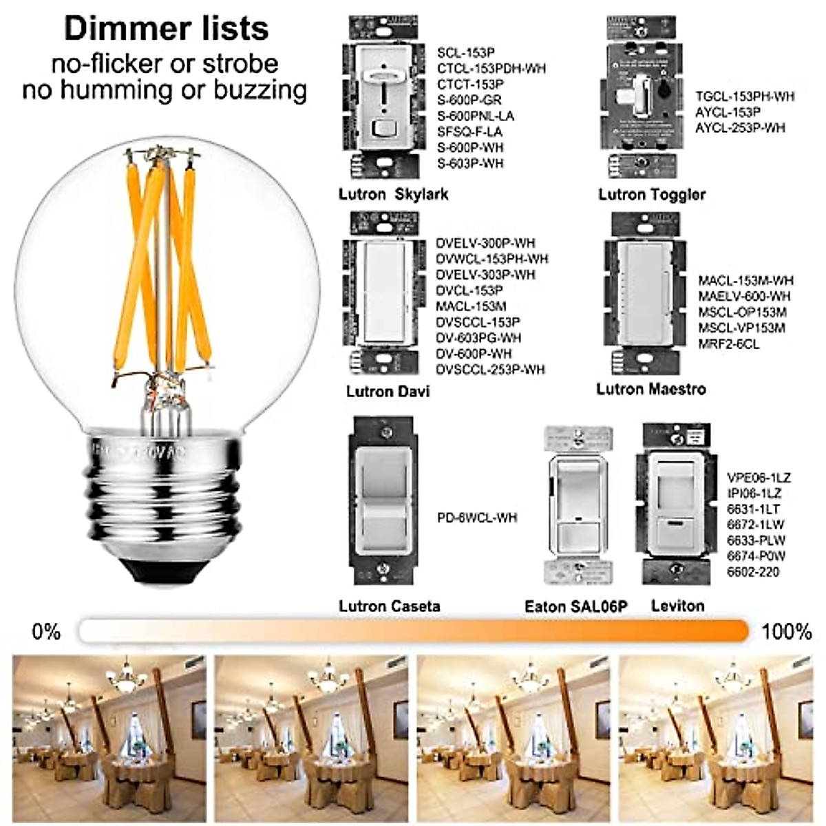 LiteHistory Dimmable Wall sconces Edison Bulb G16.5 6W Equal 60 watt AC120V Warm 2700K E26 Light Bulb for Pendant,Chandeliers,Vanity, 600lm 6Pack