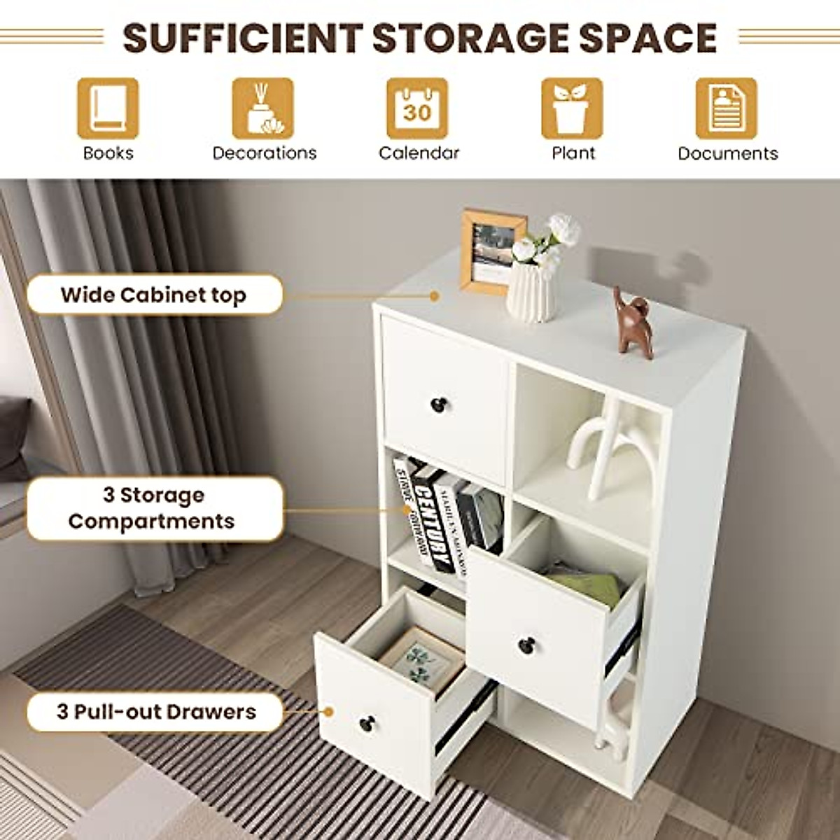 IFANNY 6 Cube Bookcase, 3 Tier Bookshelf with Drawers, Wood Storage Shelves, Modern Display Shelf, Cubical Book Cases, Small Book Shelf for Bedroom, Living Room, Home Office (White)