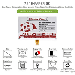 Waveshare 7.5inch E-Paper E-Ink Raw Display Compatible with Raspberry Pi 4B/3B+/3B/2B/B+/A+/Zero/Zero W/WH/Zero 2W Series Boards 800×480 Pixels Three-Color with SPI Interface Without PCB