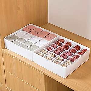 Qozary 2 Pack Sock Underwear Organizer with Linen Textured, 24 Cell Collapsible Drawer Organizer Divider, Closet Cabinet Storage Boxes for Storing Socks, Lingerie, Underwear, Clothes (White)