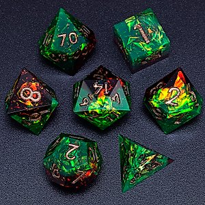 DND Dice Sharp Edge Dice Polyhedral Dice Mini Planet Dice Dungeons and Dragons Dice Handmade Dice Set Peachy Galaxy (Jungle FIRE)